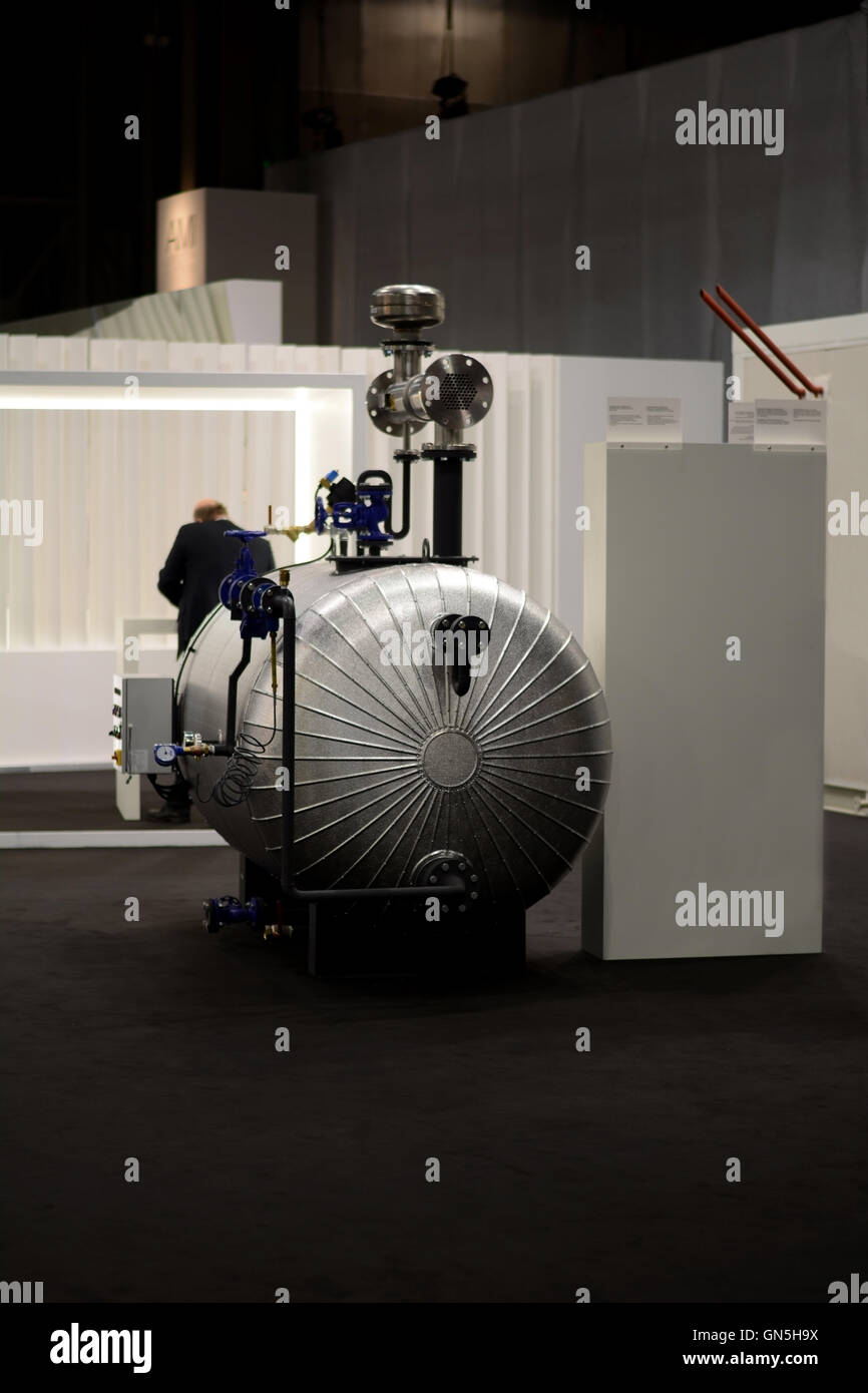 Industrial boiler used in plumbing and heating systems presented at a ...