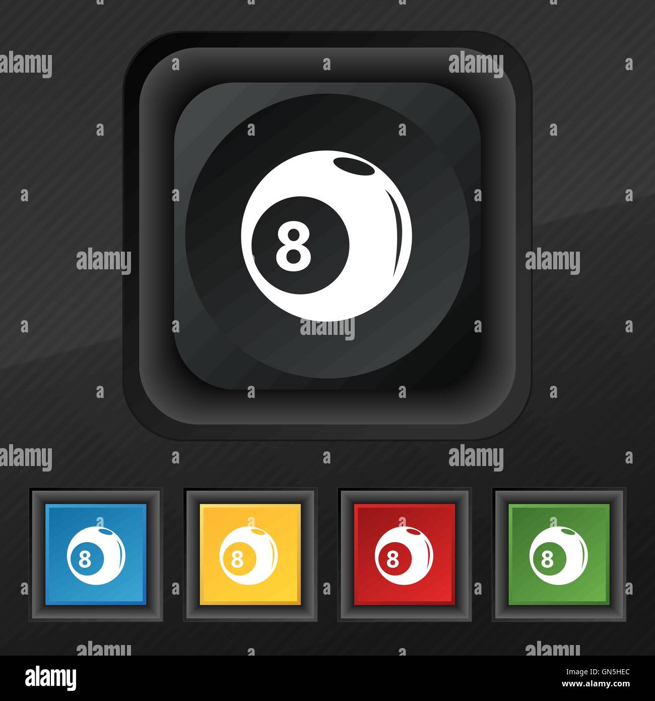 Billiards icon symbol. Set of five colorful, stylish buttons on black ...
