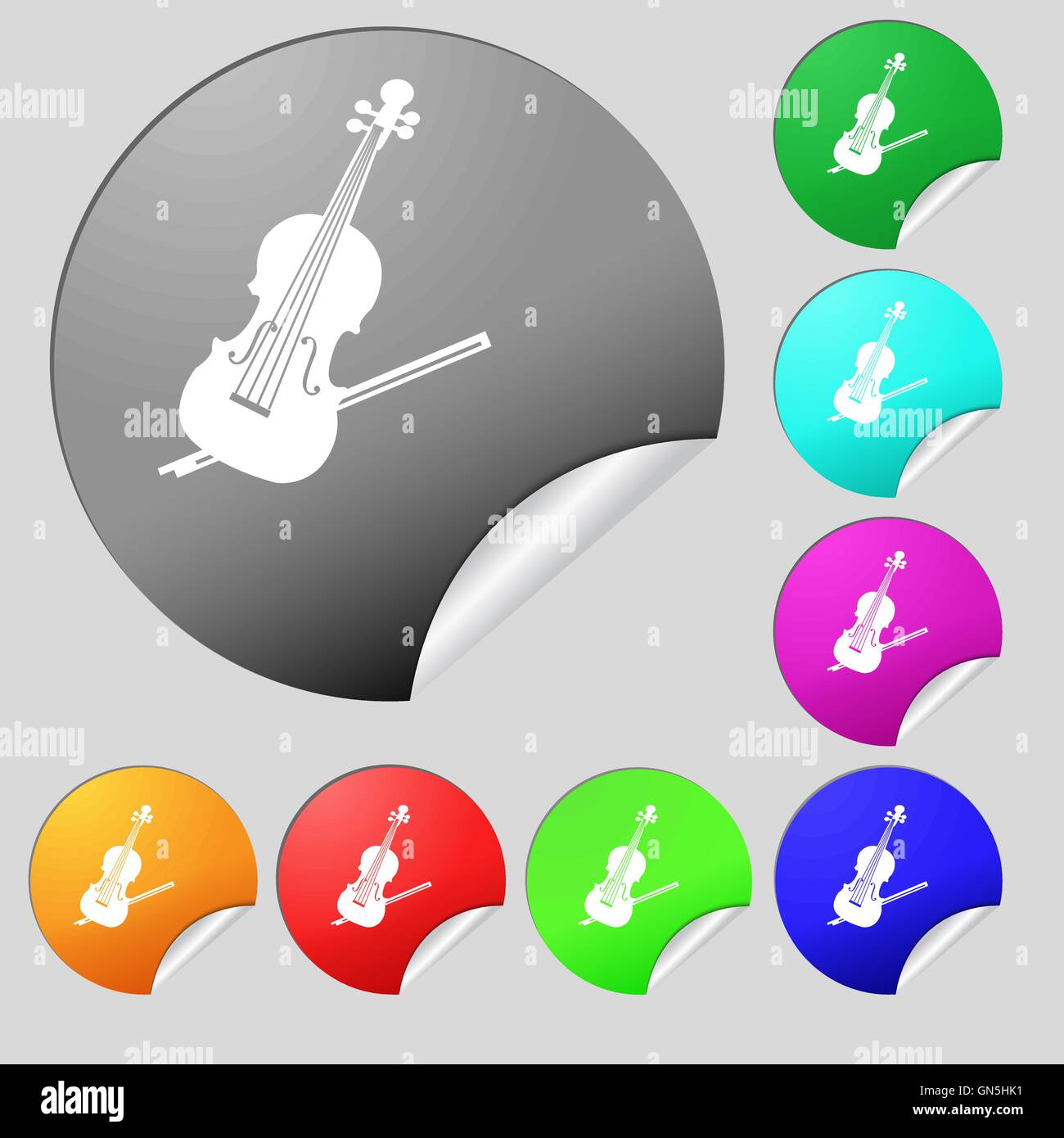 Violin icon sign. Set of eight multi colored round buttons, stickers ...