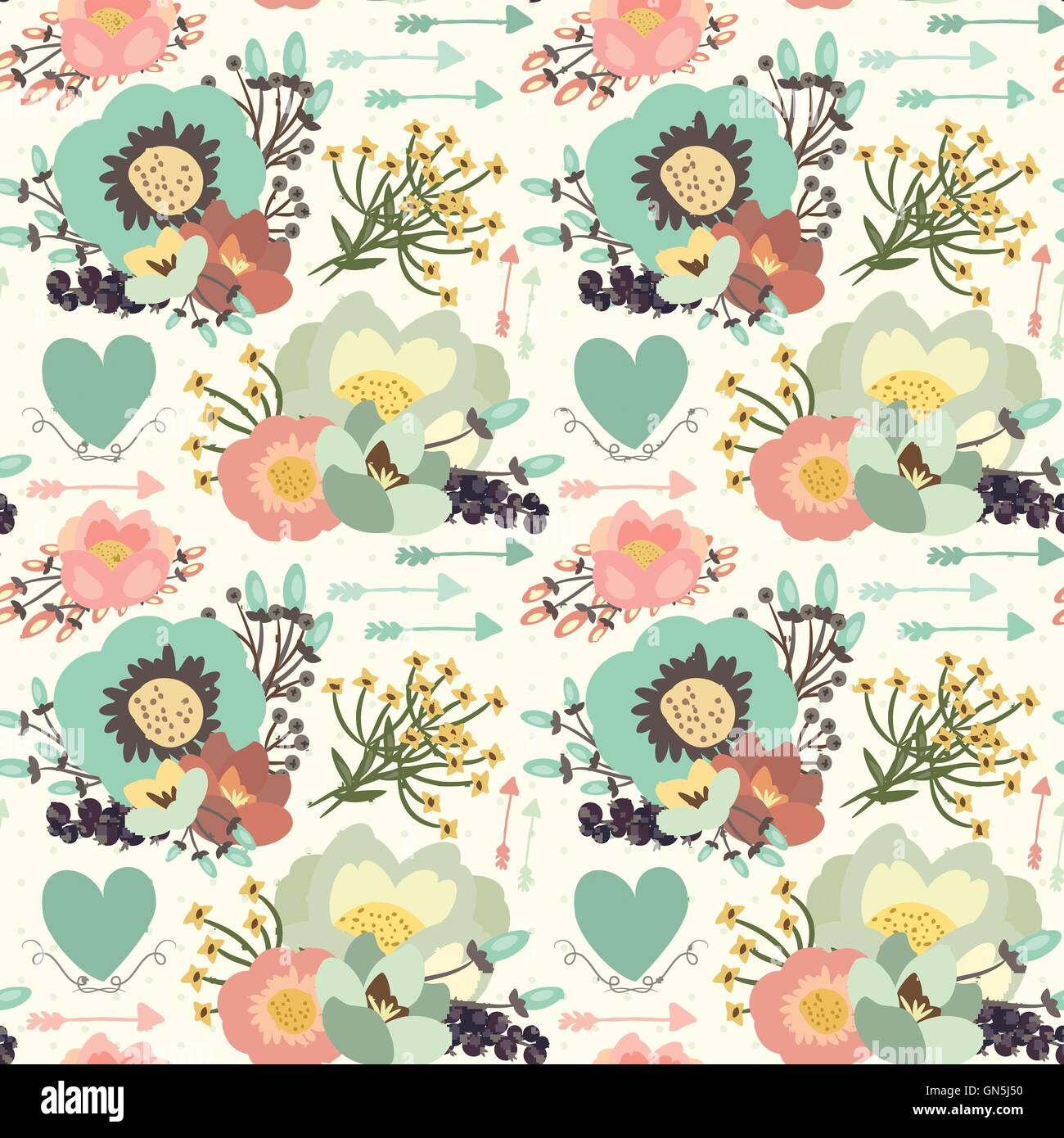 Elegant seamless pattern with blossom flowers, hearts and arrows Stock ...