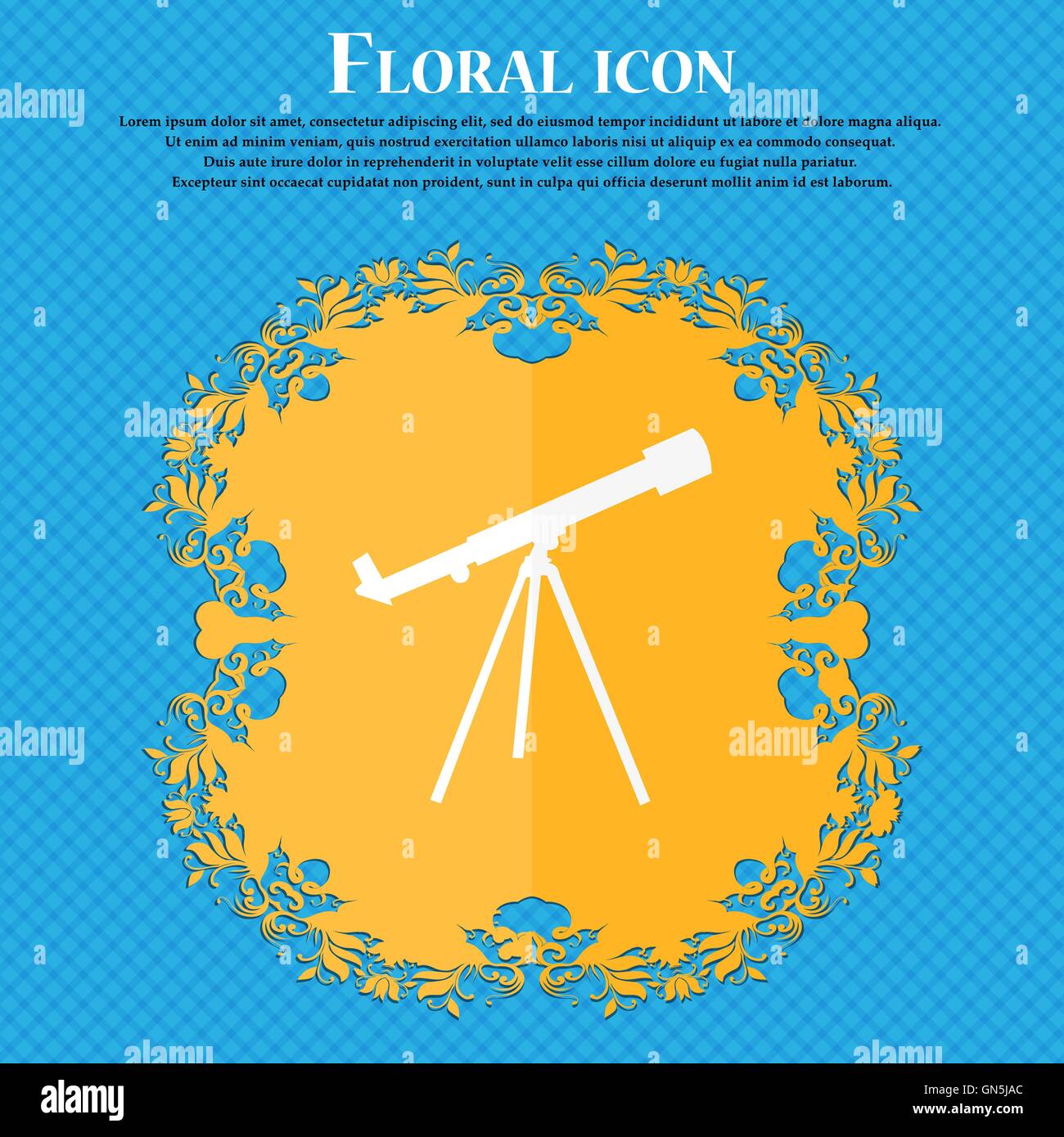 Telescope icon. Floral flat design on a blue abstract background with ...