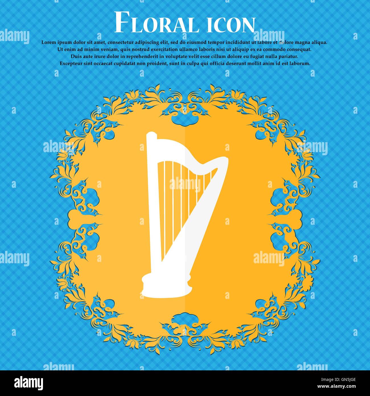 harp icon. Floral flat design on a blue abstract background with place ...