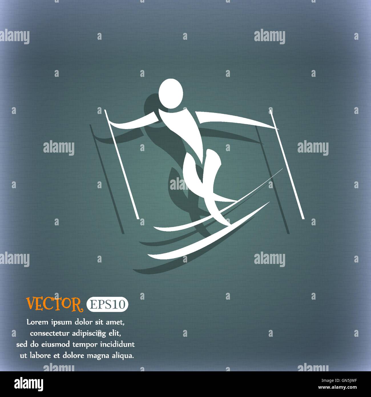 Skier icon. On the blue-green abstract background with shadow and space ...