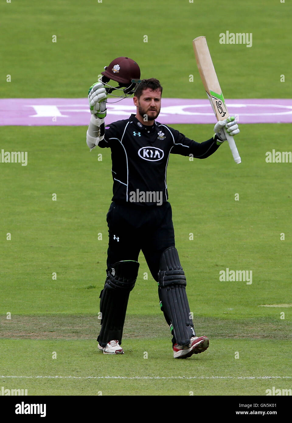 Surrey's Steven Davies celebrates his century during the One Day Cup ...