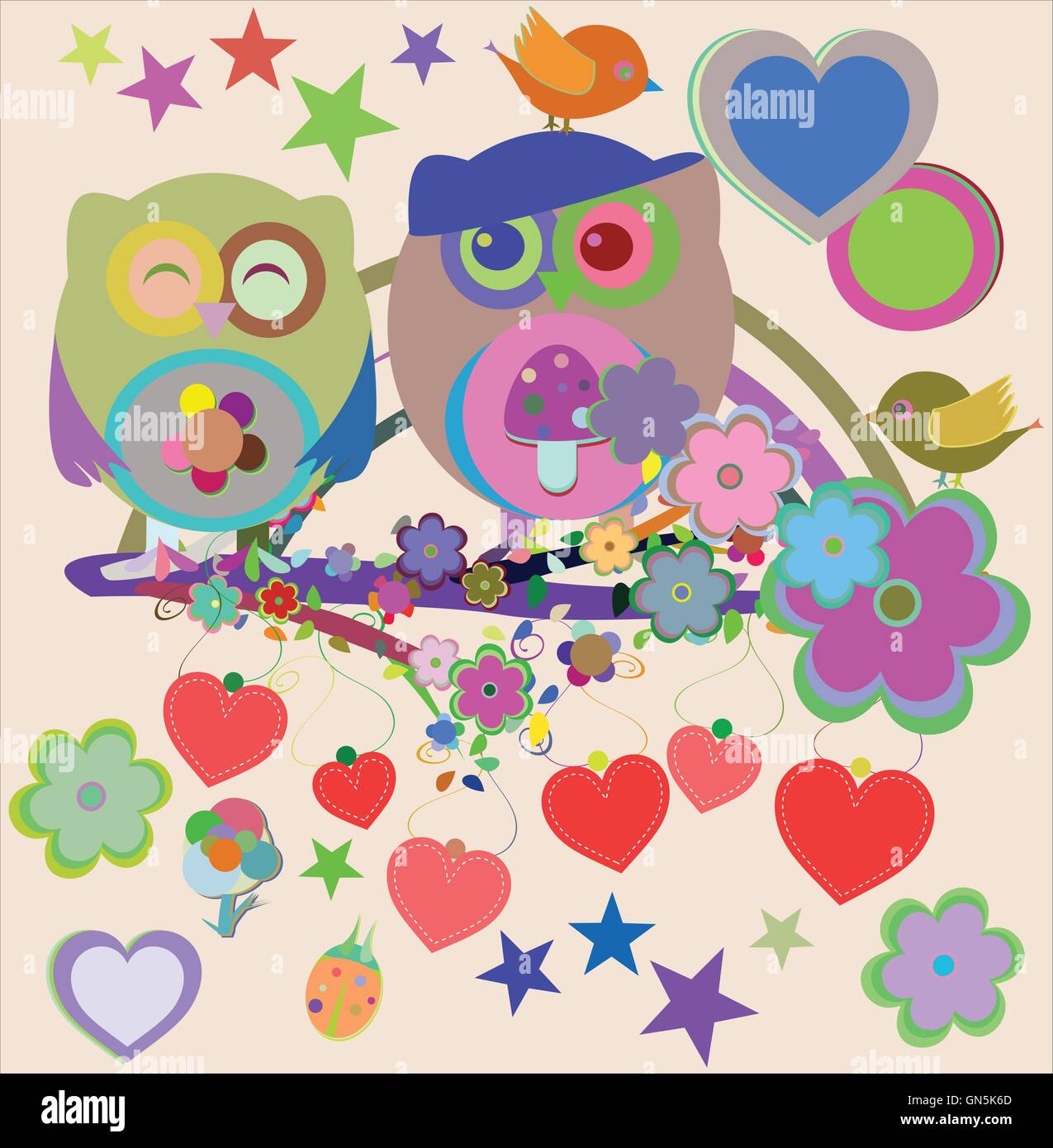vector Two cute owls and bird on the flower tree branch Stock Vector ...