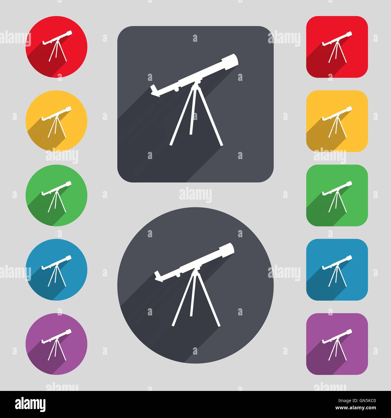Telescope icon sign. A set of 12 colored buttons and a long shadow ...