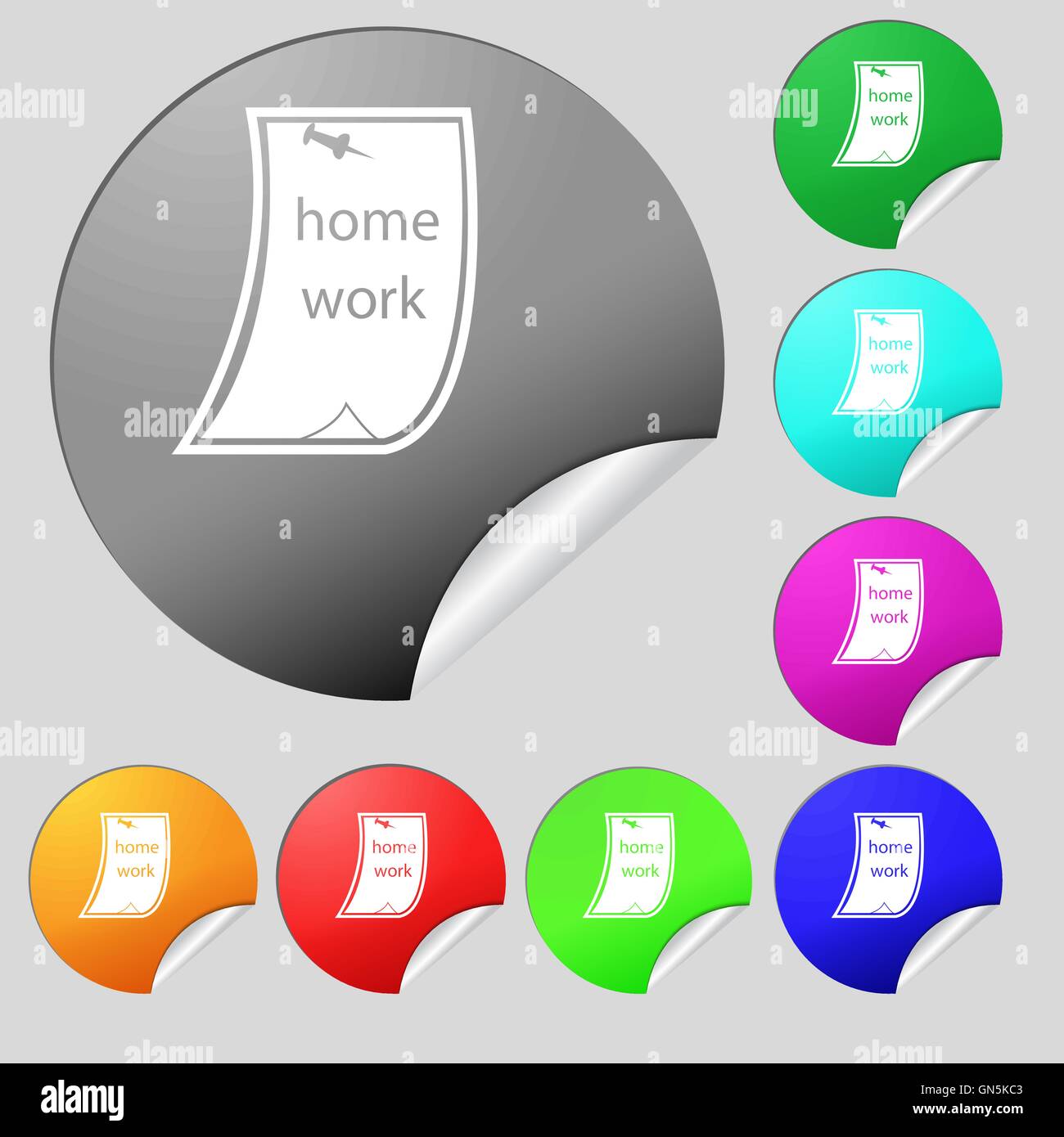 Homework icon sign. Set of eight multi colored round buttons, stickers ...