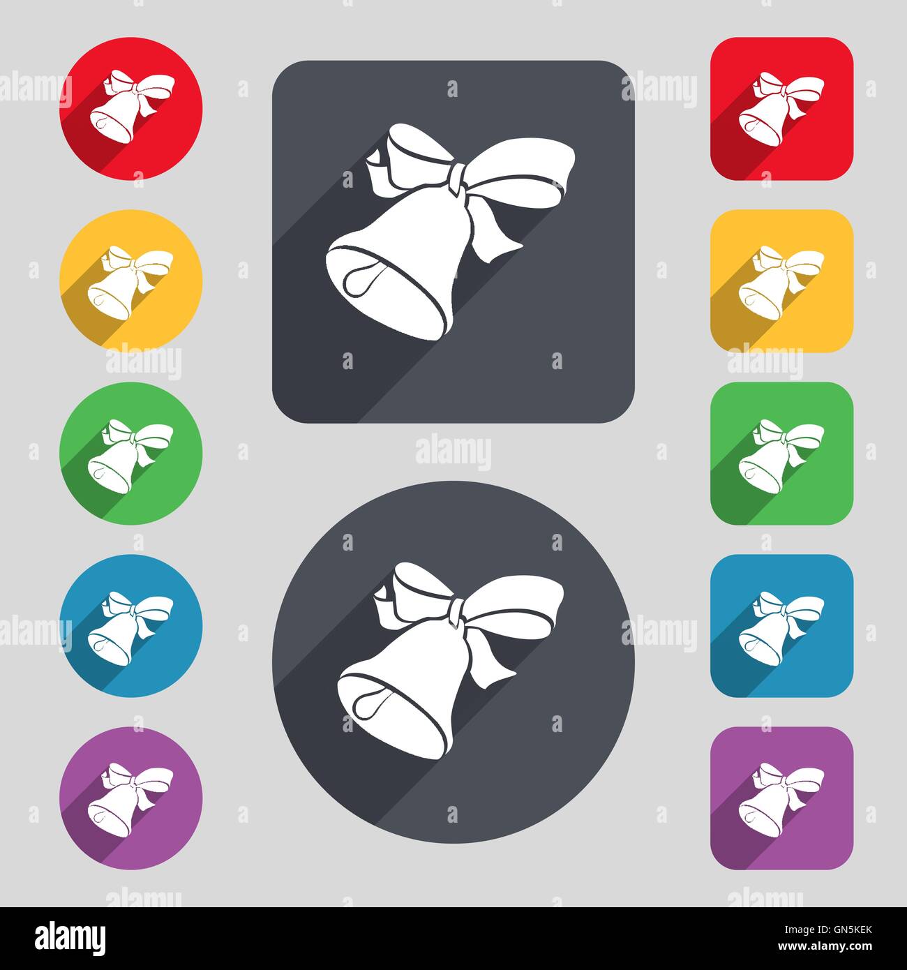bell icon sign. A set of 12 colored buttons and a long shadow. Flat ...