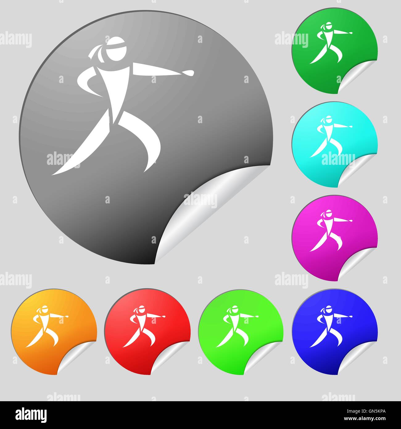 Karate kick icon sign. Set of eight multi colored round buttons ...