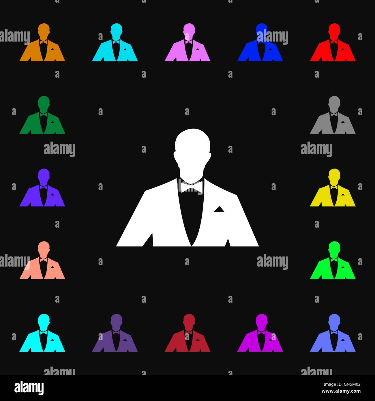 Silhouette of man in business suit icon sign. Lots of colorful symbols ...