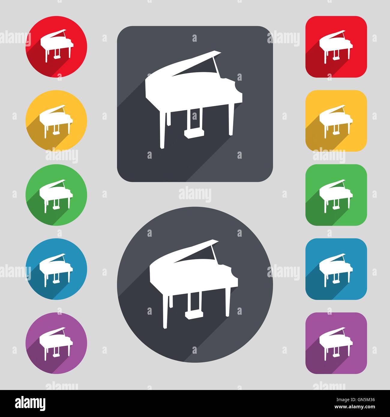Grand piano icon sign. A set of 12 colored buttons and a long shadow ...