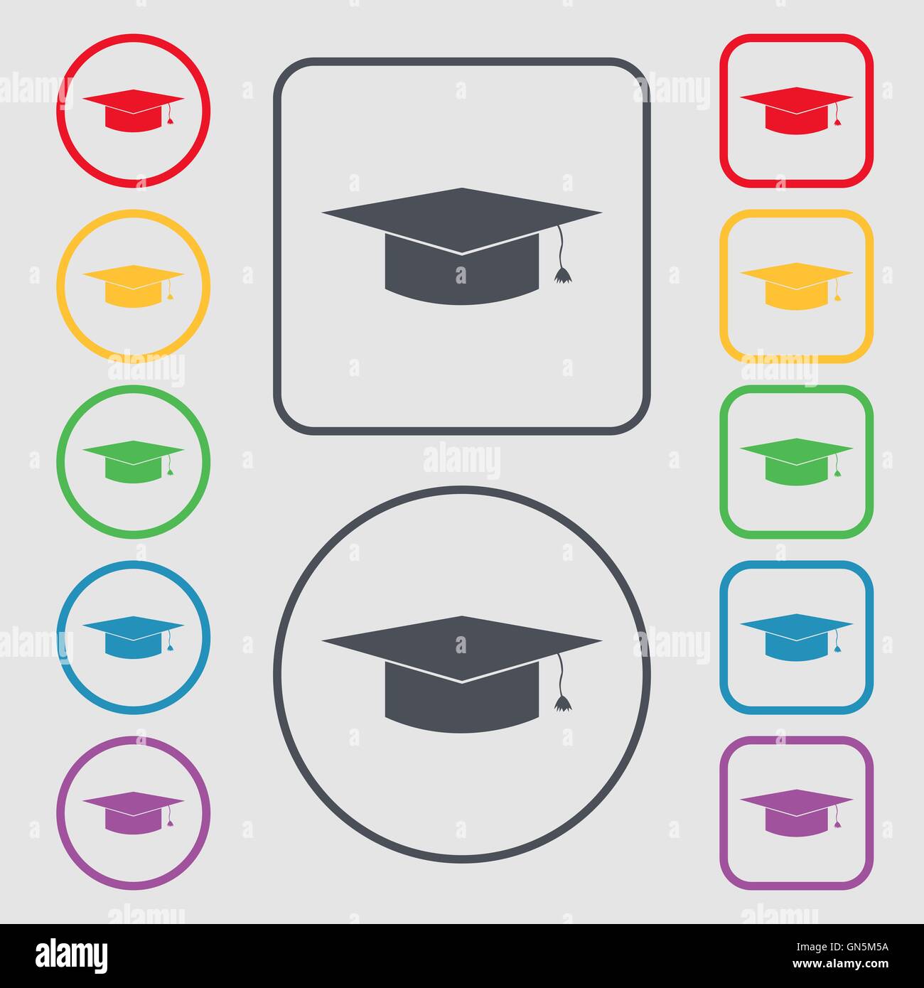 Graduation cap icon sign. symbol on the Round and square buttons with ...