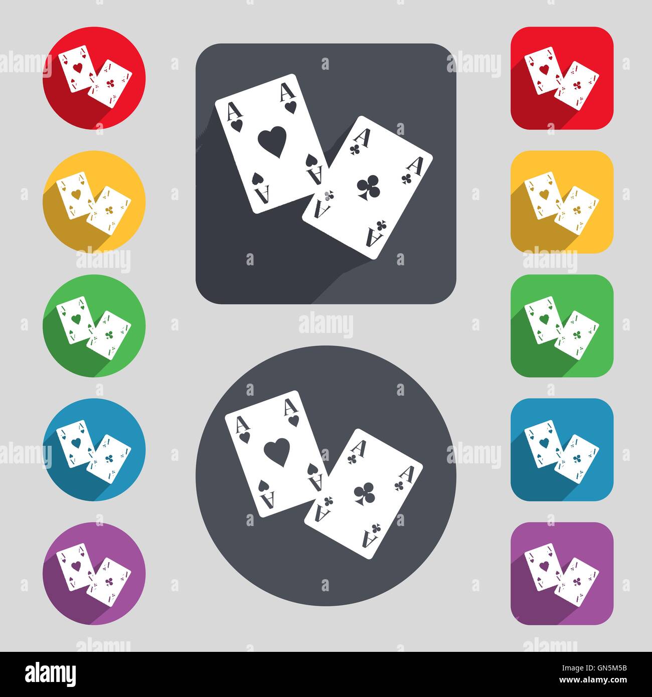 Two Aces icon sign. A set of 12 colored buttons and a long shadow. Flat ...