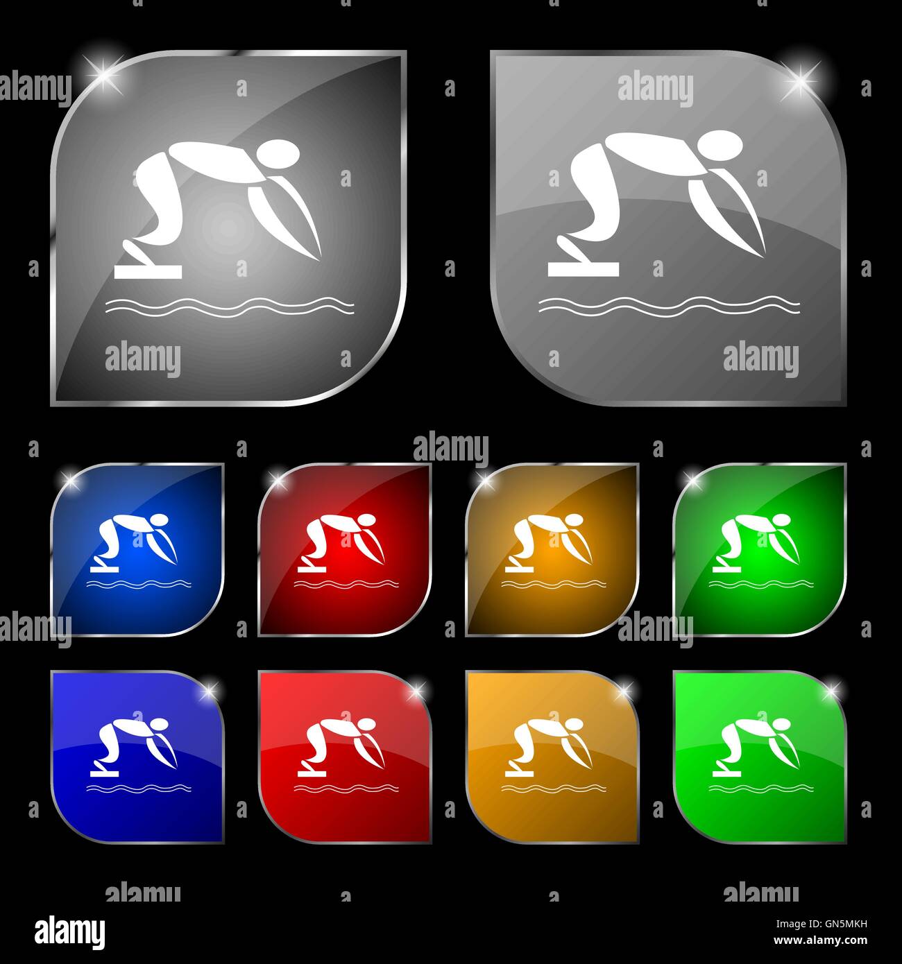 Summer sports, diving icon sign. Set of ten colorful buttons with glare ...