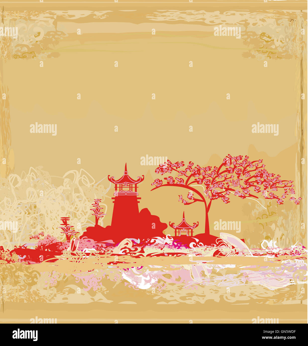 old paper with Asian Landscape Stock Photo - Alamy