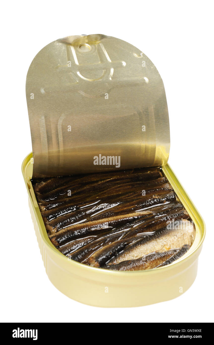Opened metal can with fish Stock Photo - Alamy