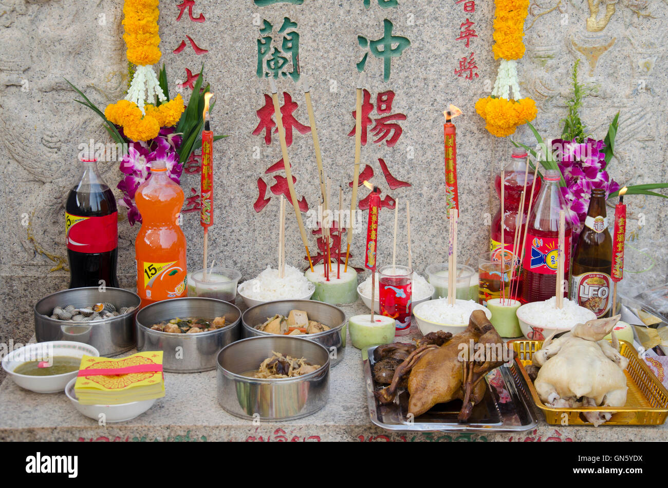 My family praying and sacrificial offering food and joss paper to ...