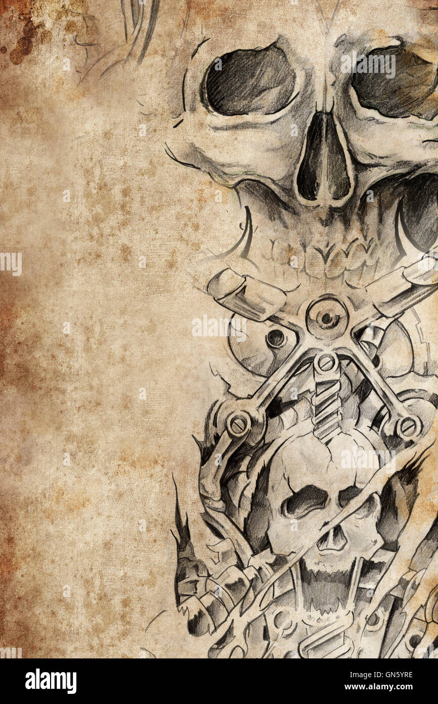 Tattoo pattern with evil designs over antique paper Stock Photo - Alamy