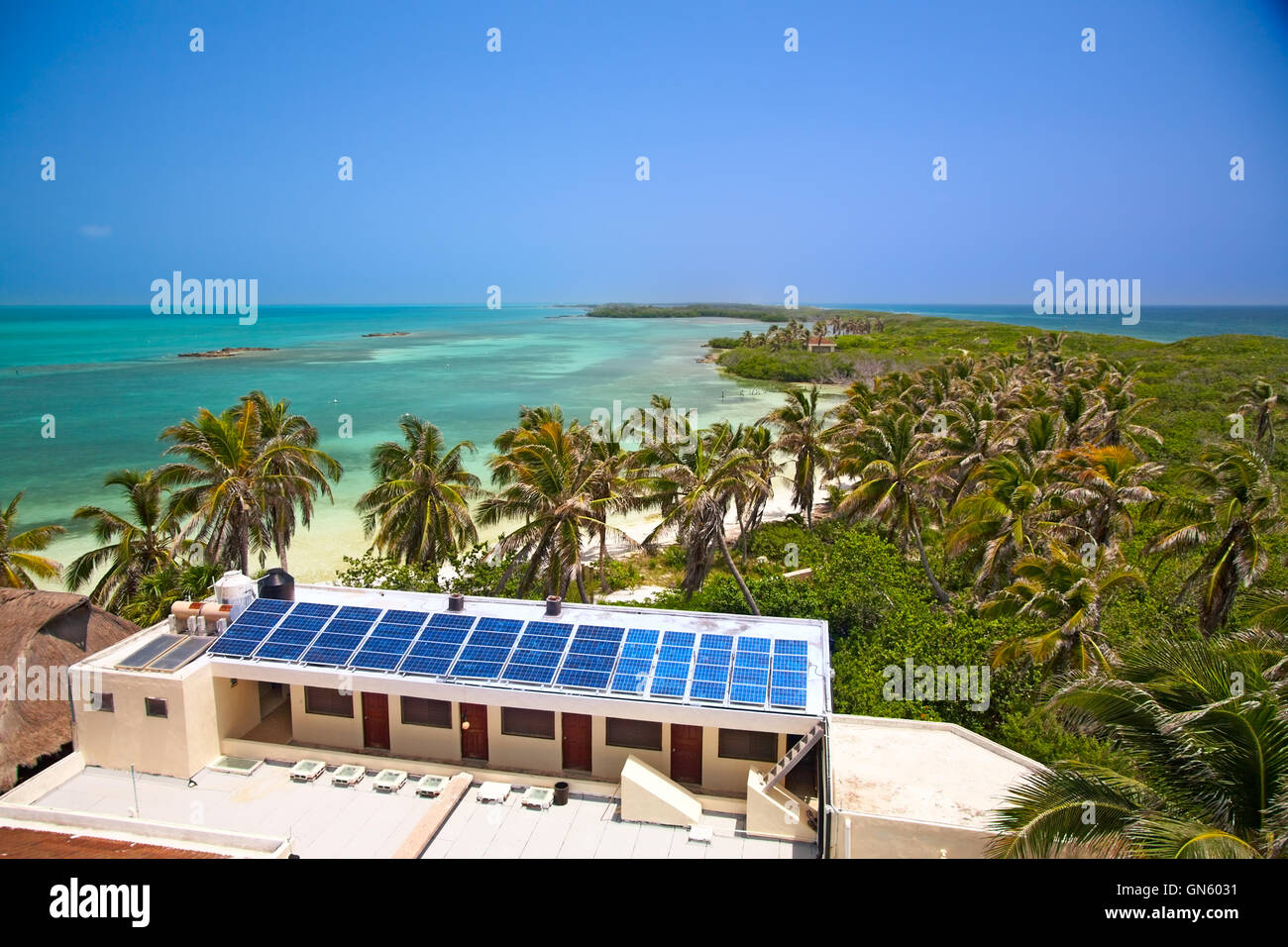 building with a solar panel on the Isla Contoy, Mexico Stock Photo - Alamy