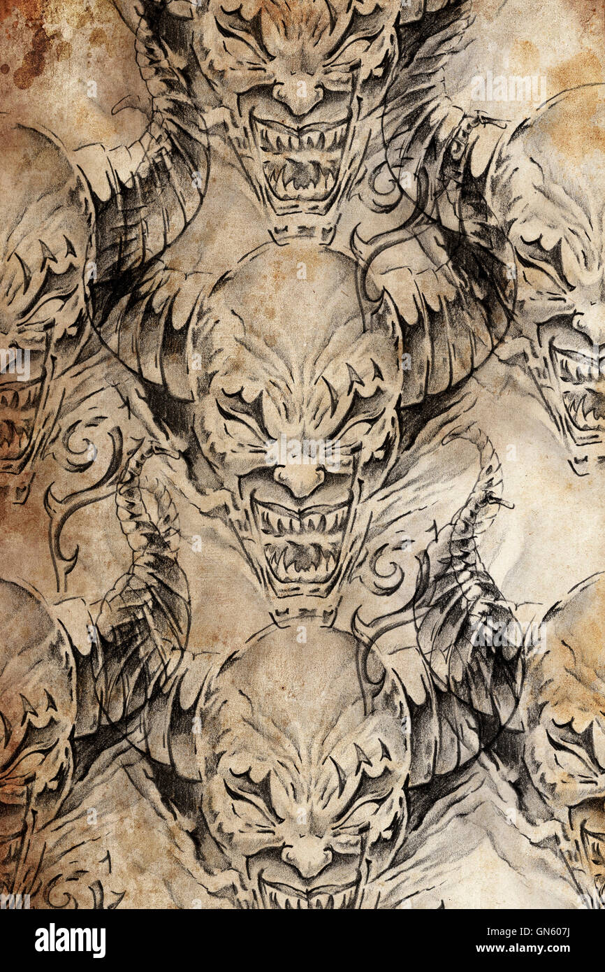 Tattoo pattern with demon designs over antique paper Stock Photo - Alamy