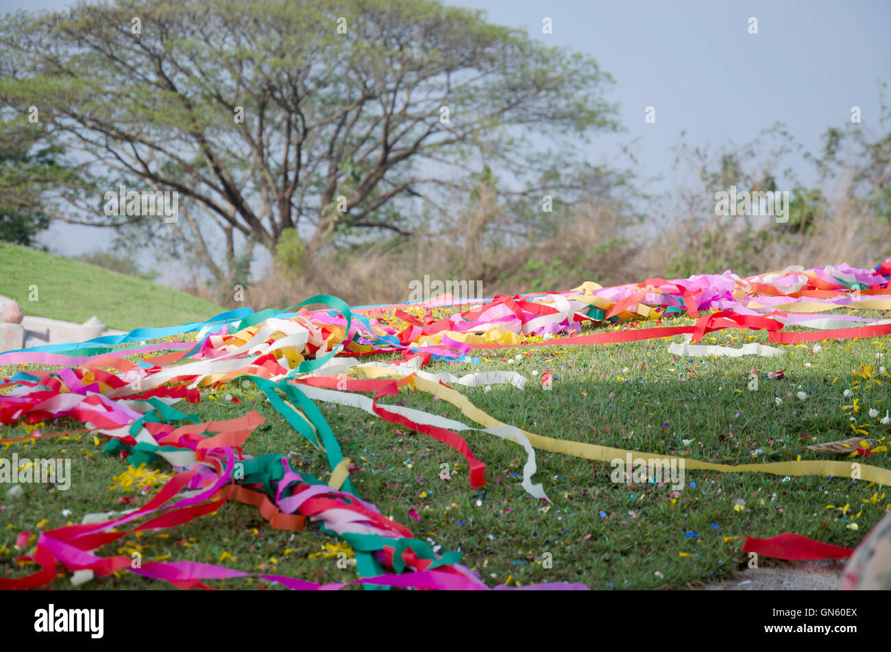 Chinese tradition and culture process colored paper put on a grave of ...