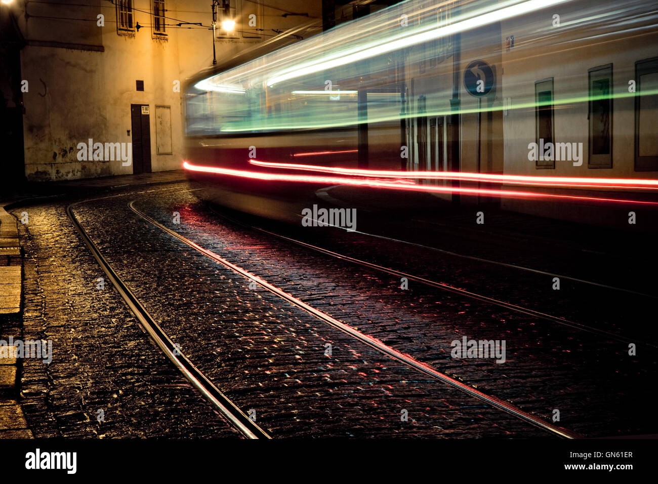 tram at night in Prague Stock Photo - Alamy