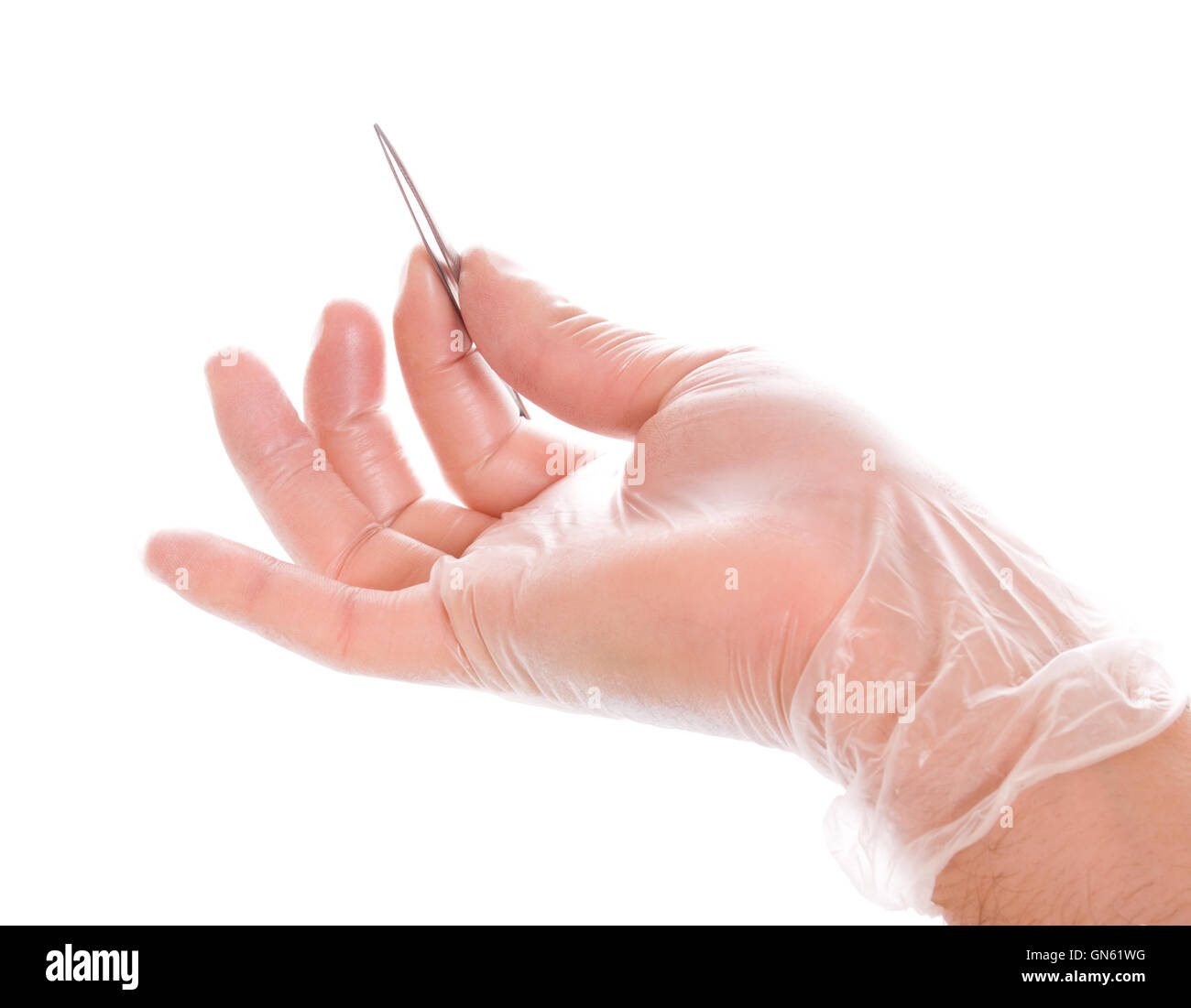 hand in rubber glove holding tweezers Stock Photo - Alamy