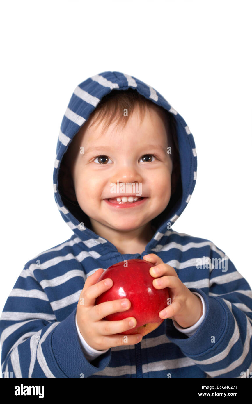 laughing baby with red apple Stock Photo - Alamy