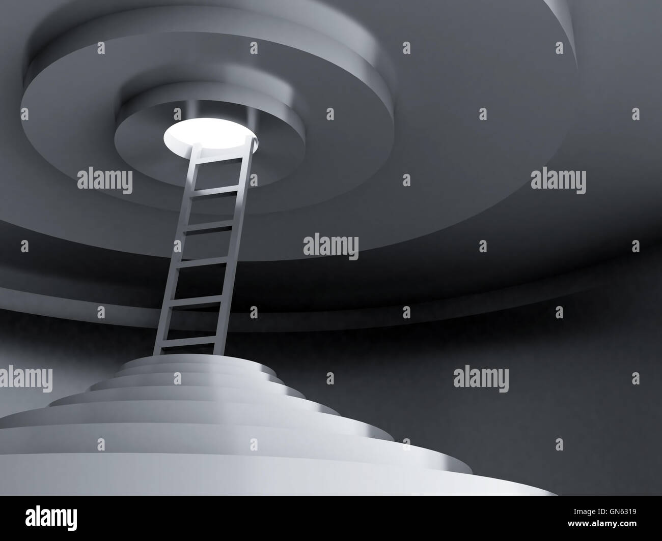 Ladders upwards to light in a dark rounded room Stock Photo - Alamy