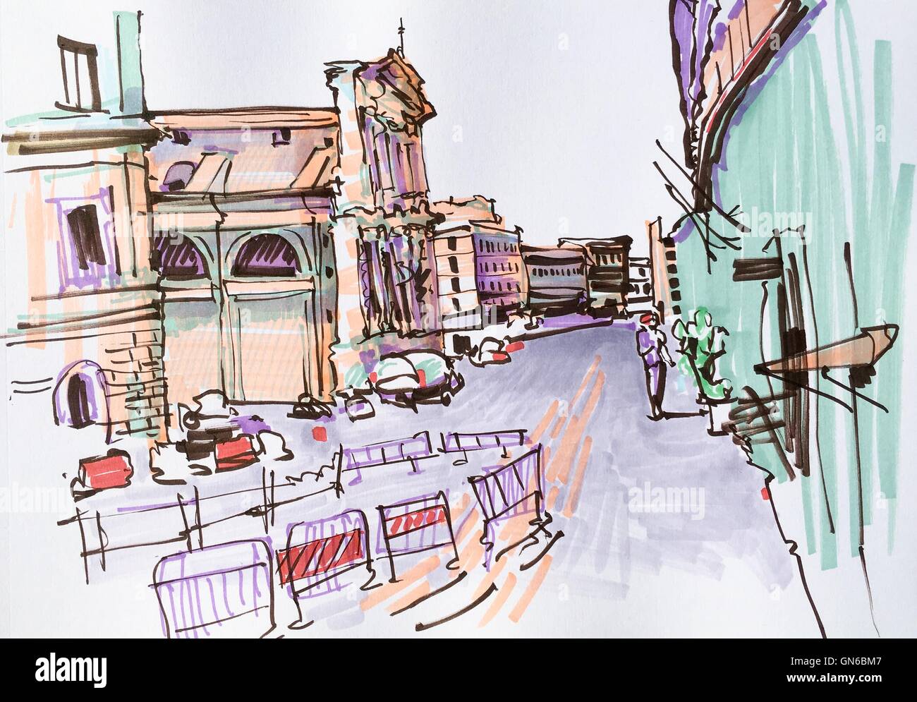 marker drawing of Rome Italy street landscape, urban sketch Stock Photo ...