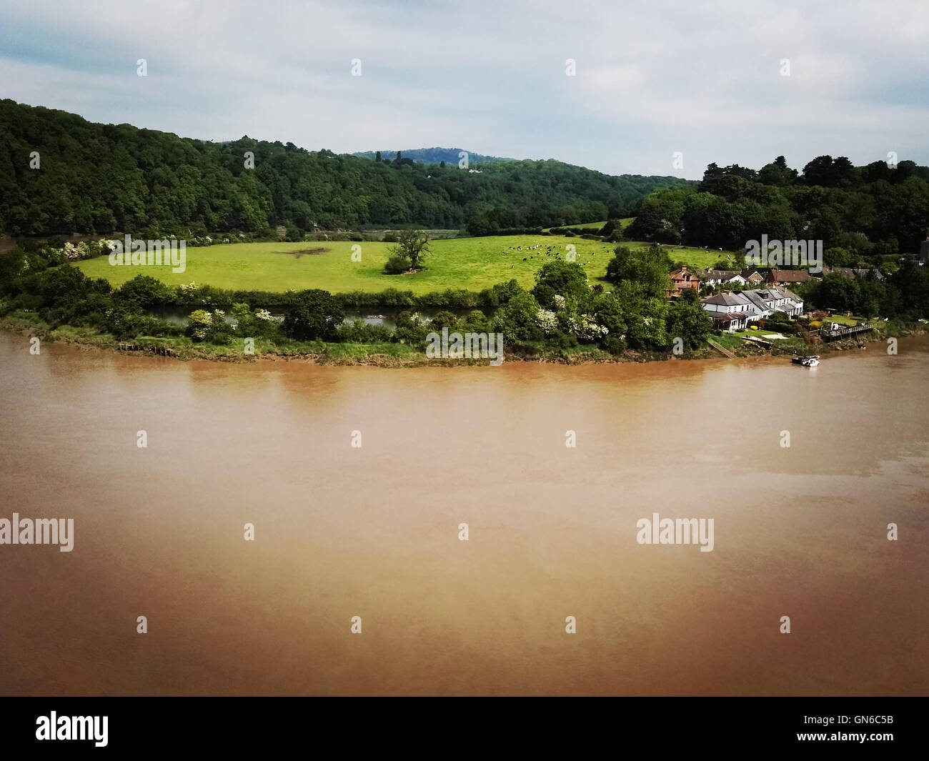View of brown river and countryside from Chepstow Castle Stock Photo ...