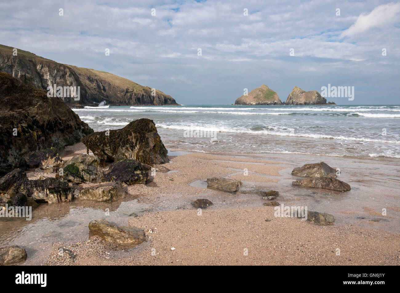 The beach at Holywell Bay on the coast of Cornwall, England. View ...
