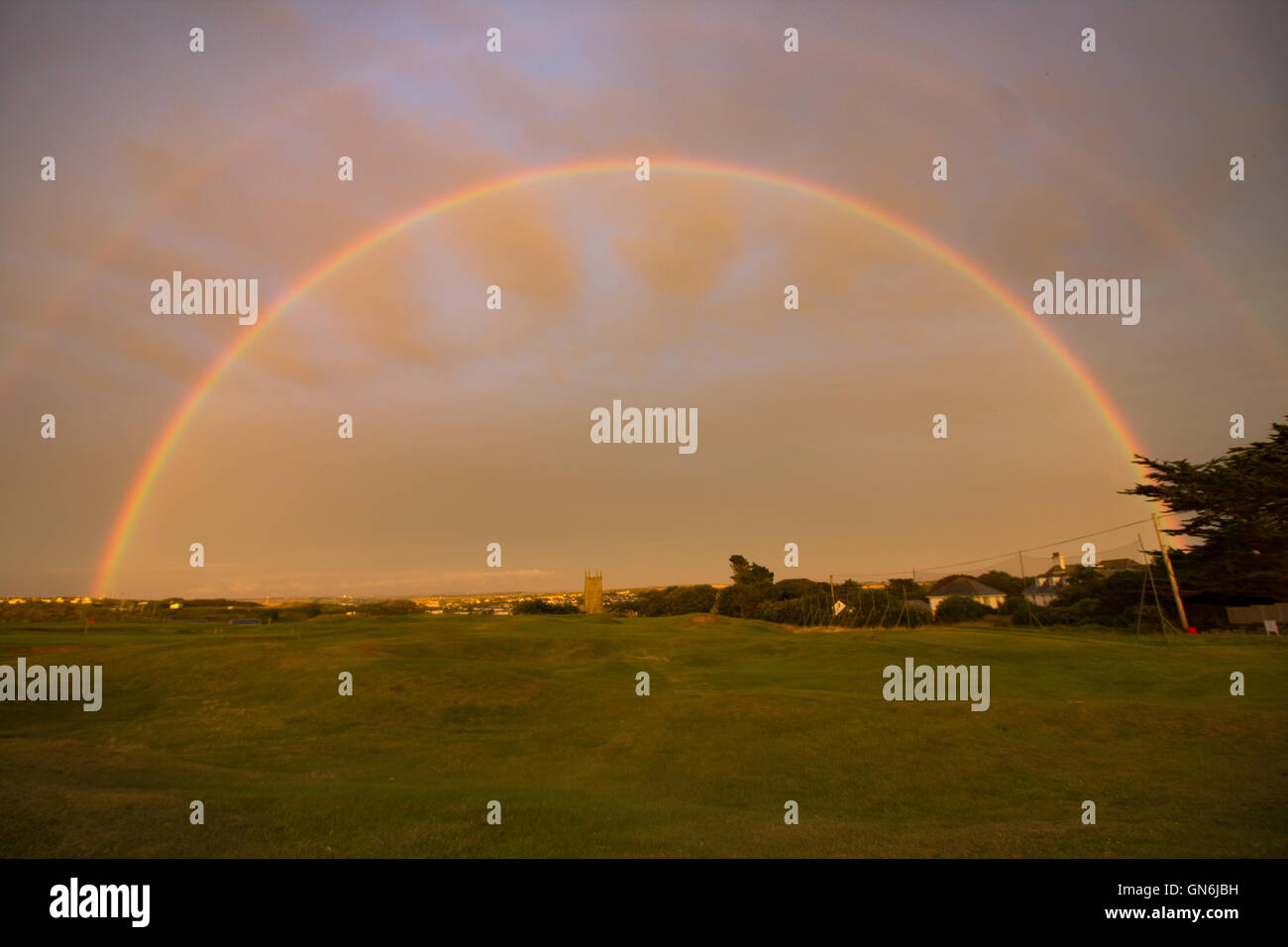 A double rainbow forms over the town of Lelant, West Cornwall, UK Stock ...