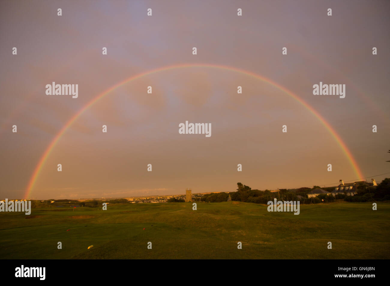 A double rainbow forms over the town of Lelant, West Cornwall, UK Stock ...