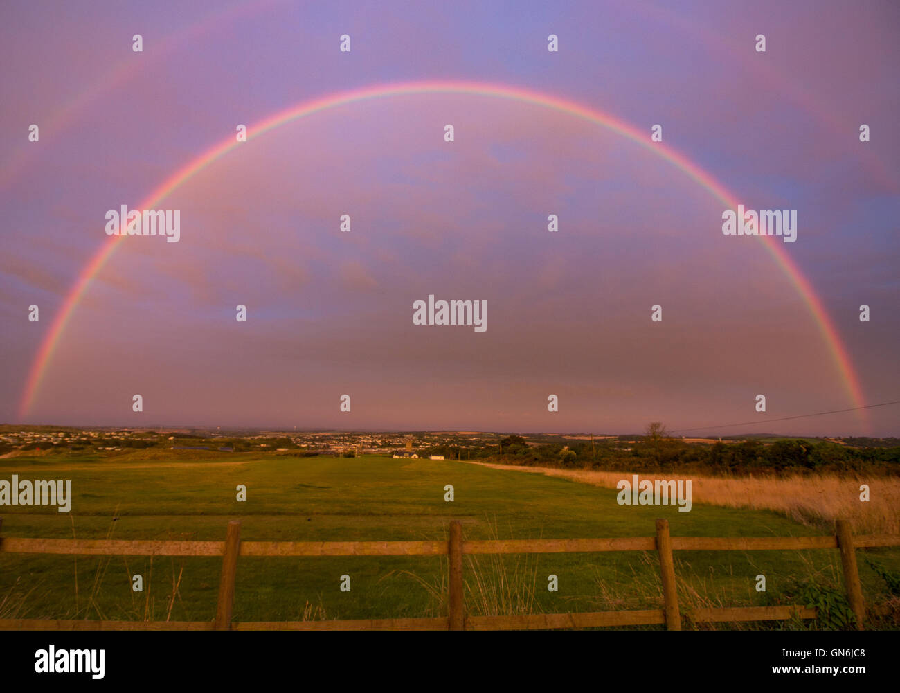 A double rainbow forms over the town of Lelant, West Cornwall, UK Stock ...