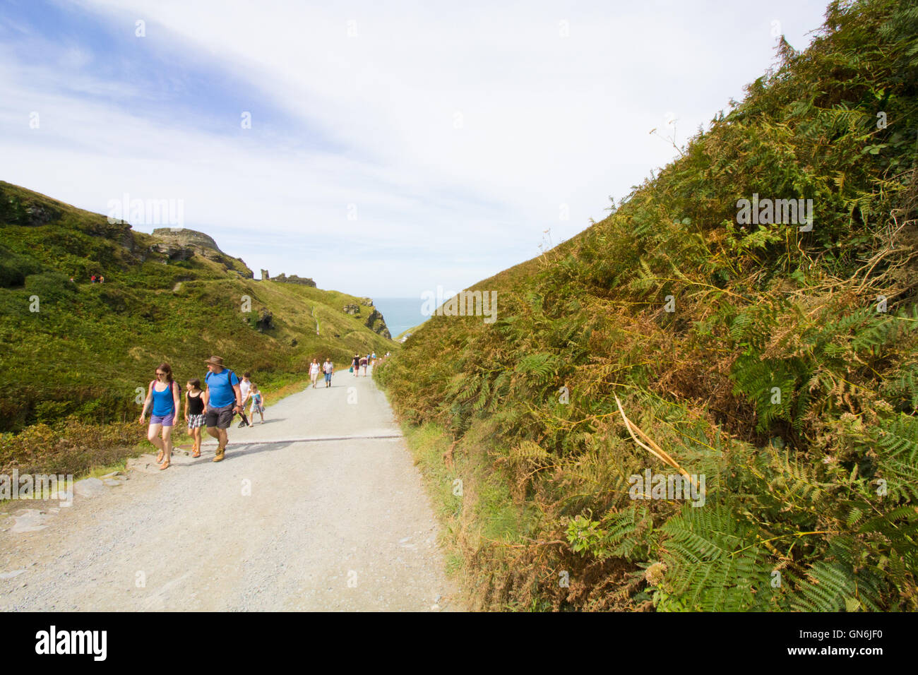Tourists walking on the path that connects Tintagel Castle with ...