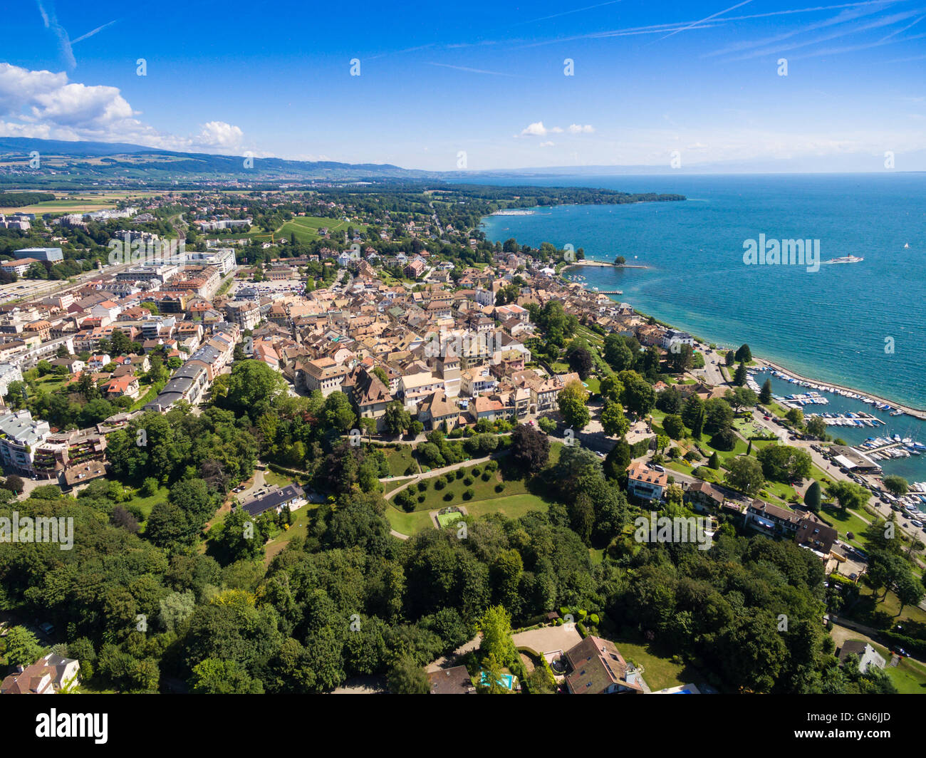 Aerial view of Nyon old city and waterfront in Switzerland Stock Photo ...