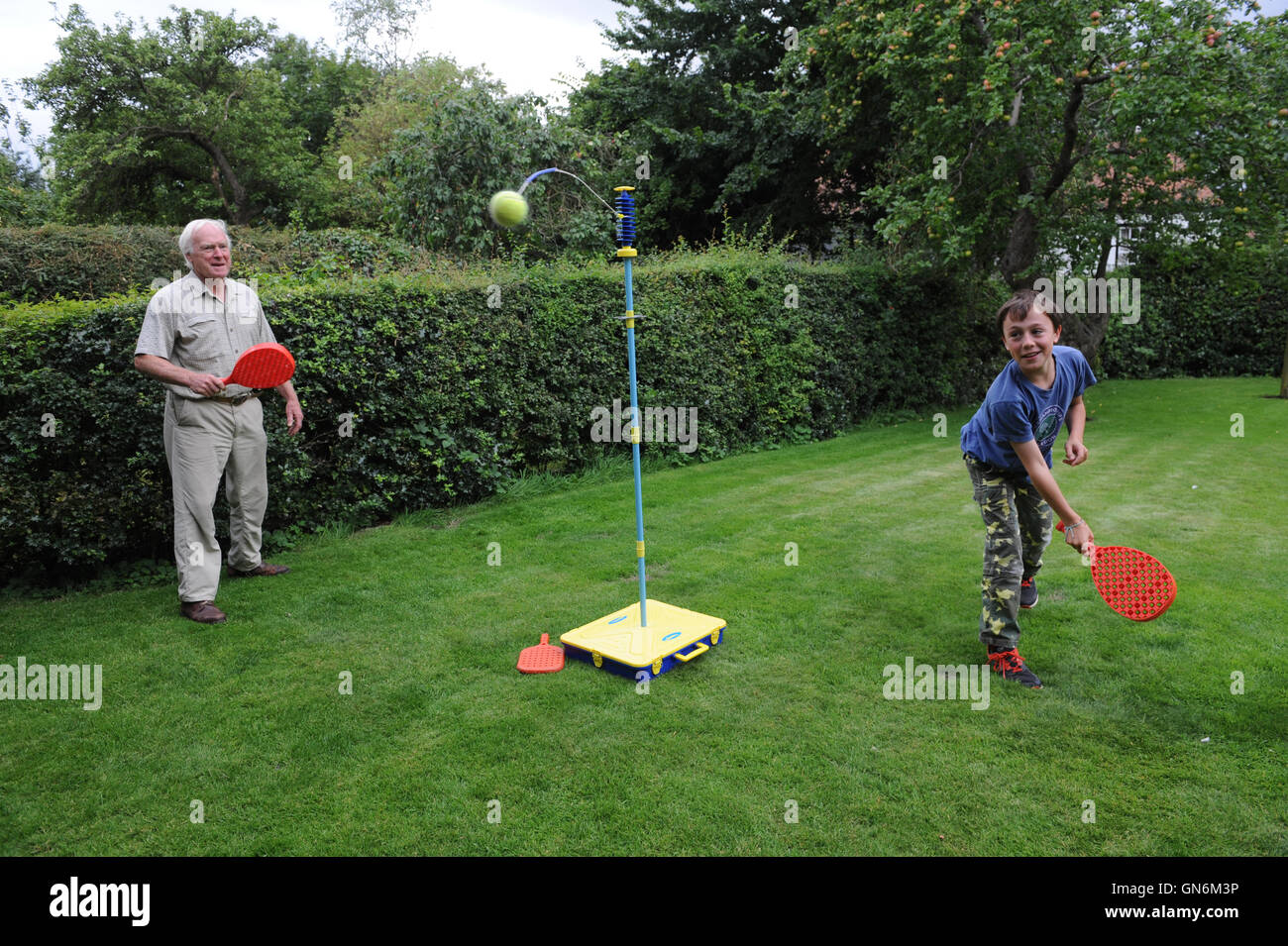 Grandfather playing Swingball with his Grandson in the garden Stock ...