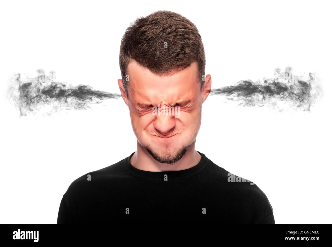 Angry man with smoke or fume coming out from his ears on white ...