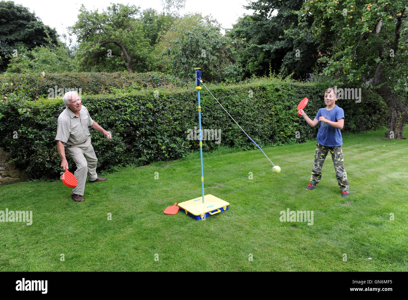Grandfather playing Swingball with his Grandson in the garden Stock ...