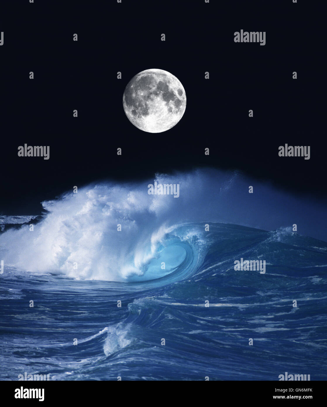 COMPOSITE FULL MOON STORMY 10 METRE SHOREBREAK SEA WAVE Stock Photo - Alamy