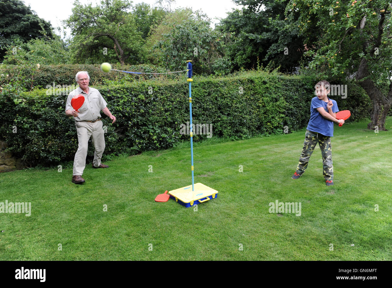 Grandfather playing Swingball with his Grandson in the garden Stock ...