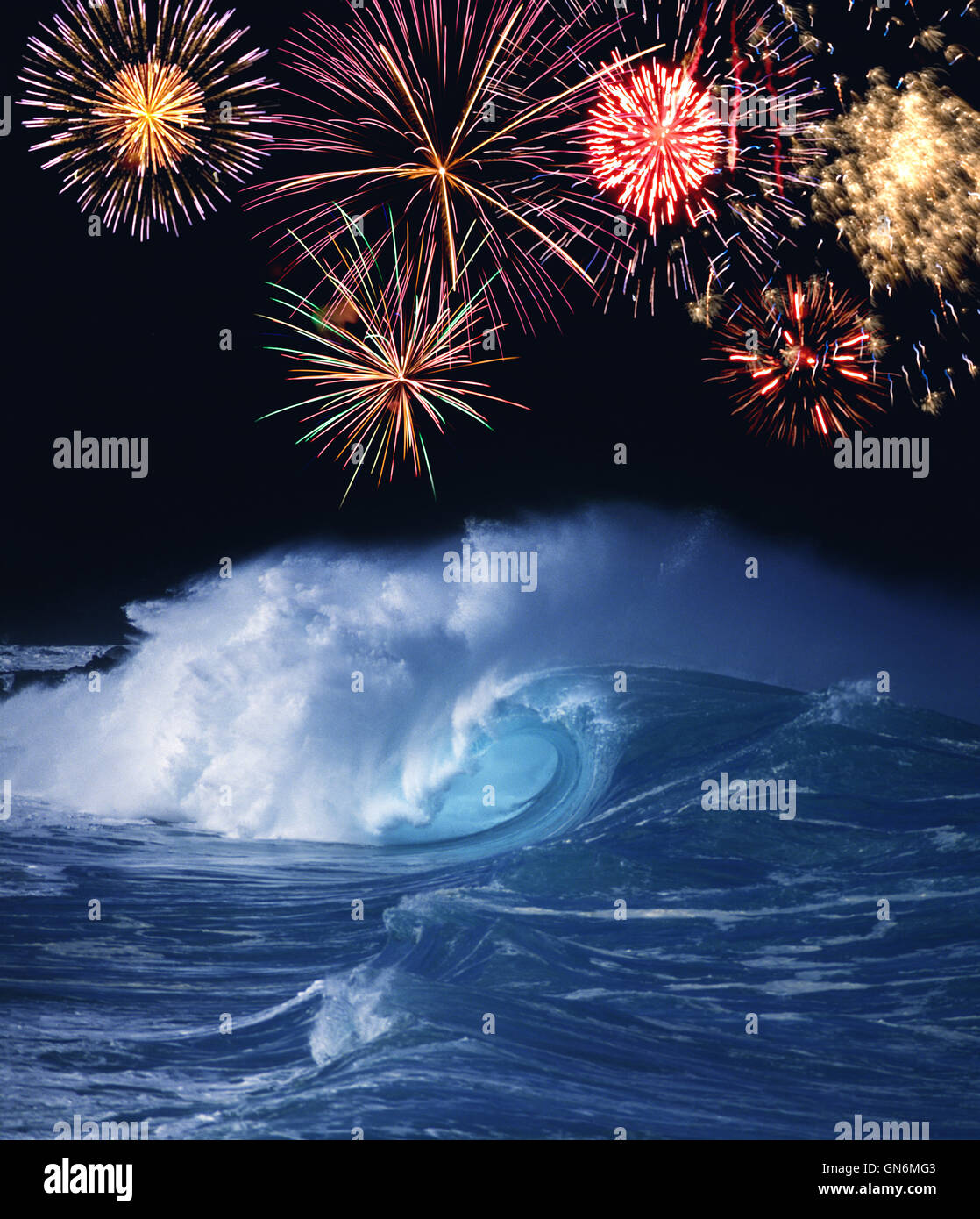 COMPOSITE FIREWORKS STORMY 10 METRE SHOREBREAK SEA WAVE Stock Photo - Alamy