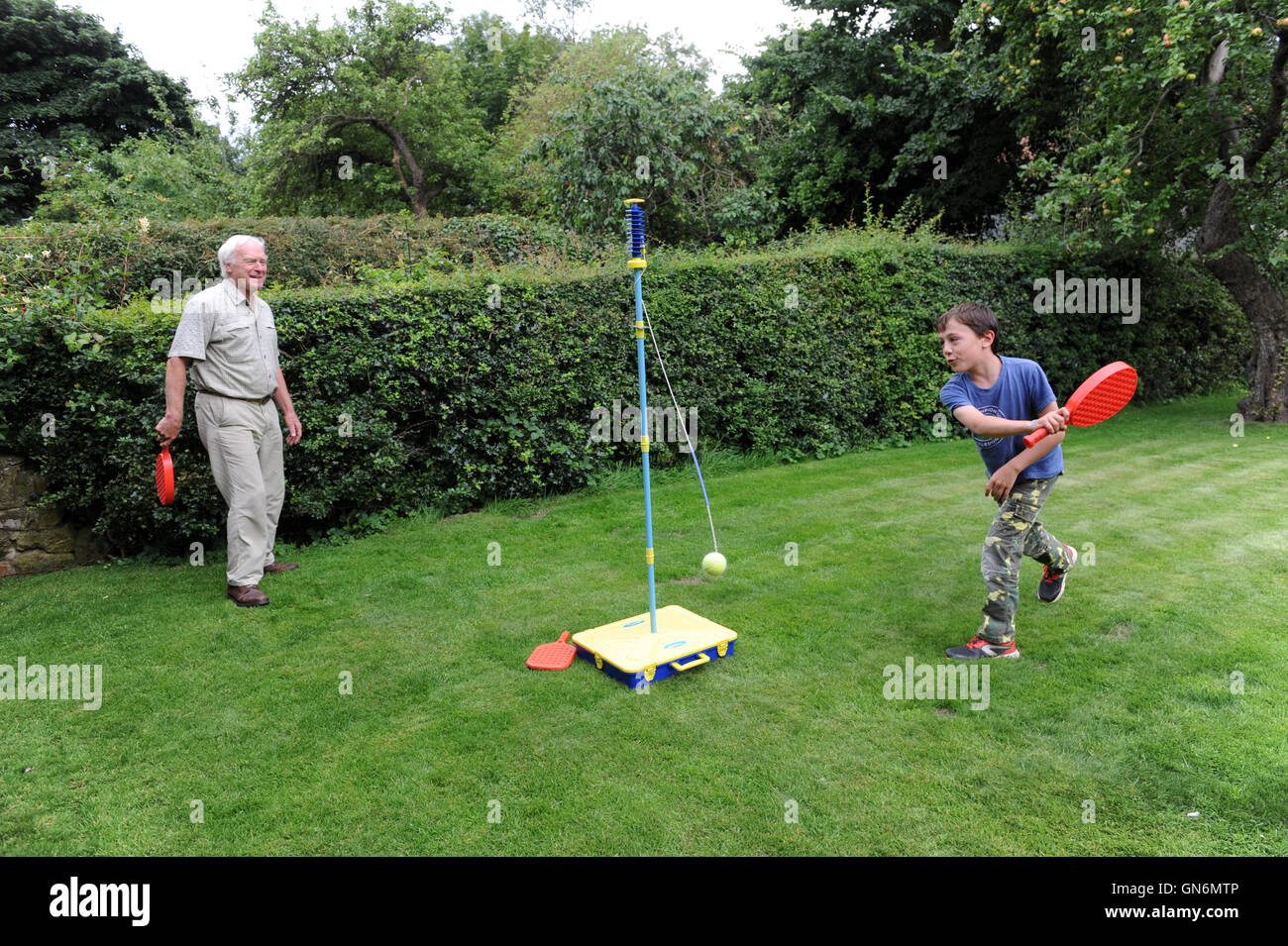 Grandfather playing Swingball with his Grandson in the garden Stock ...