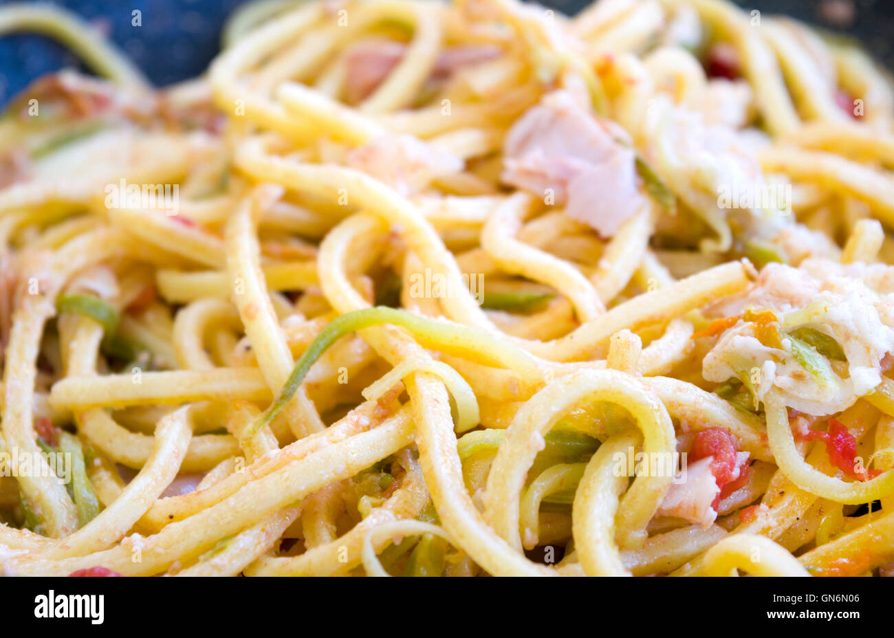 guitar spaghetti with zucchini steak ham and mozzarella cheese Stock ...