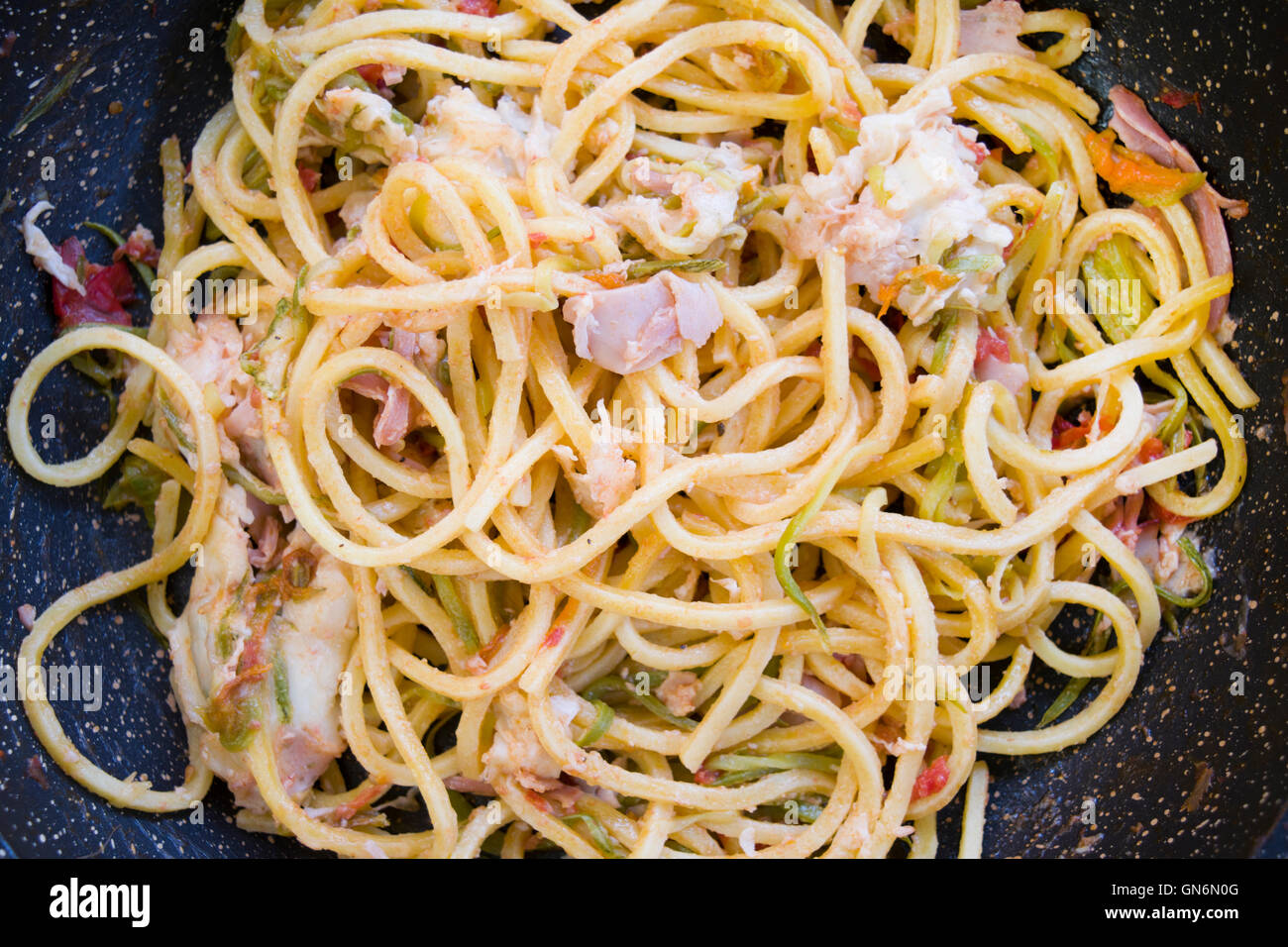 guitar spaghetti with zucchini steak ham and mozzarella cheese Stock ...