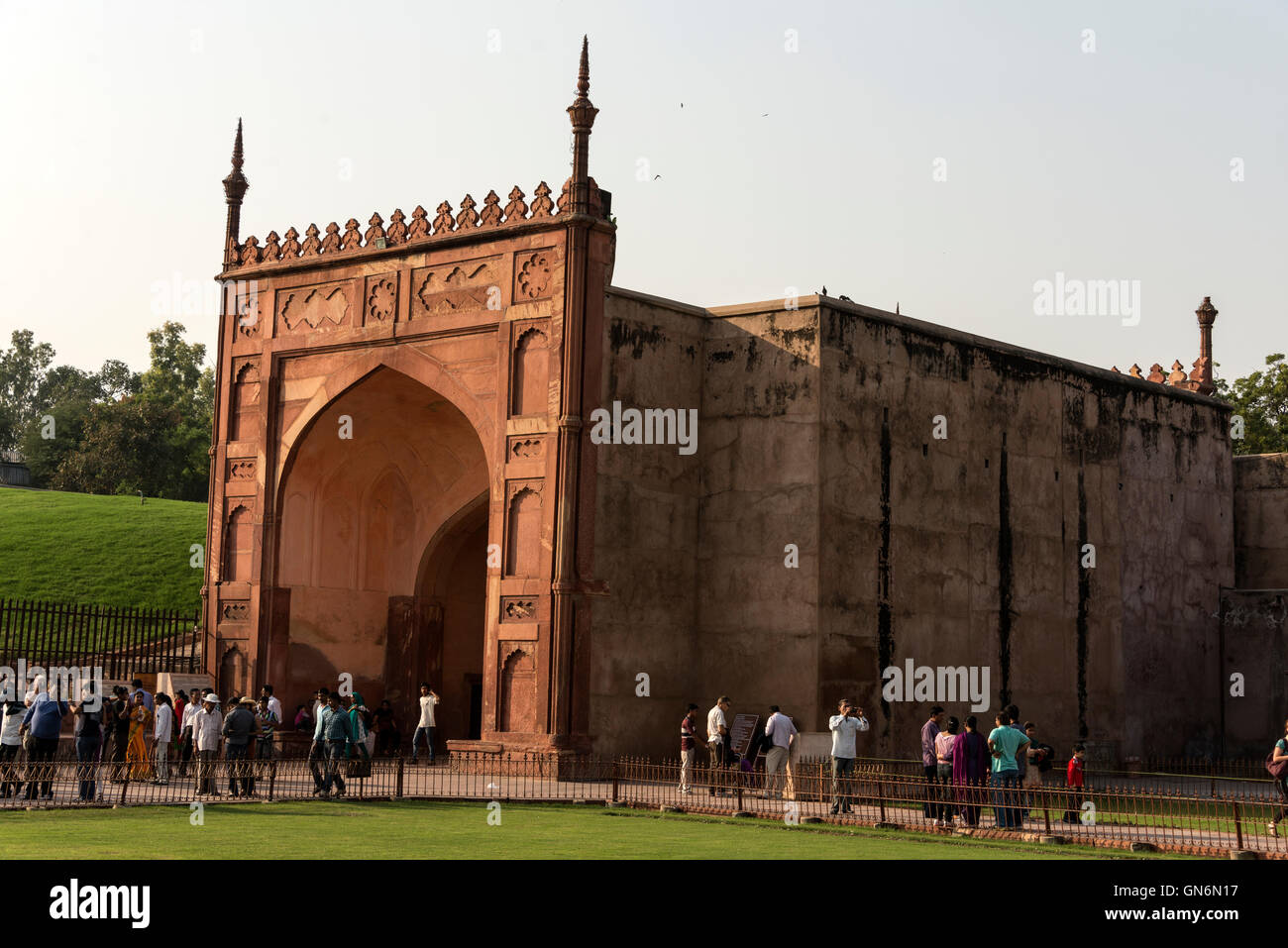 Tourists near a Gate within the grounds of the 16th-century Mughal ...