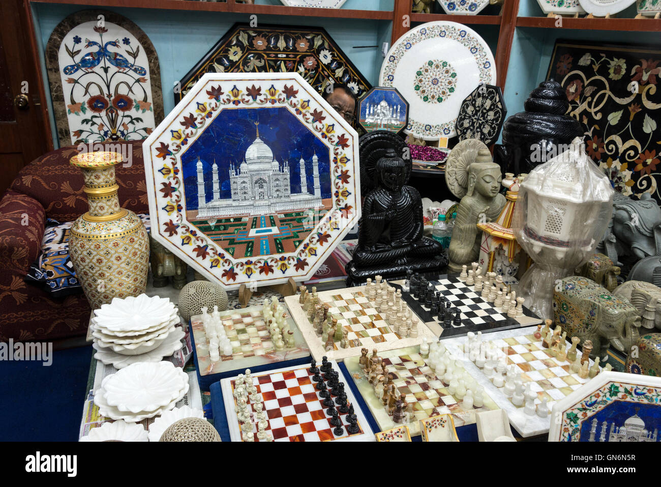 A shop display in Agra, Uttar Pradesh, India, of a handmade tabletop ...