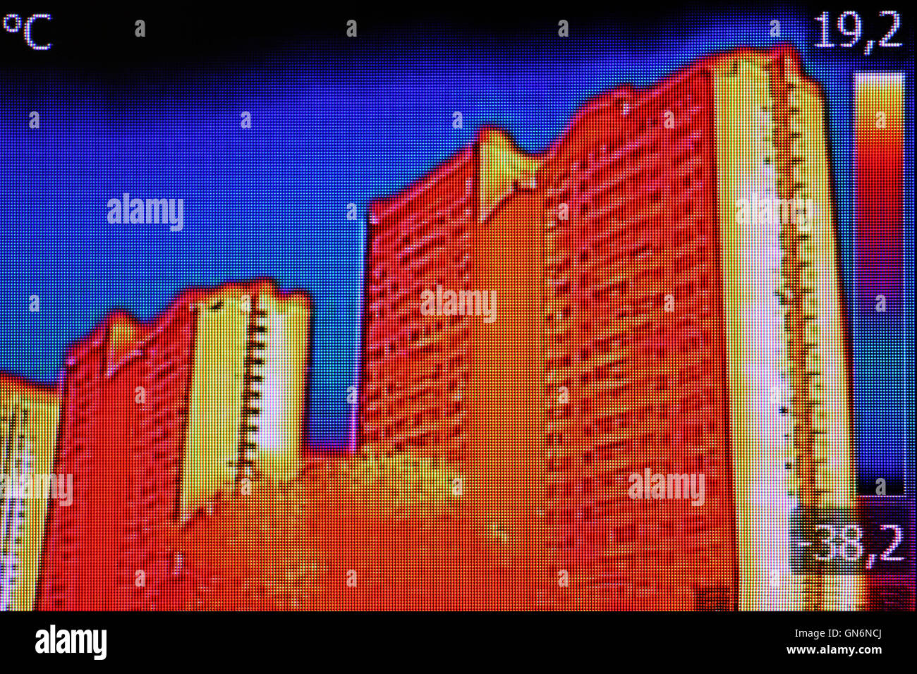 Infrared thermovision image showing lack of thermal insulation on ...