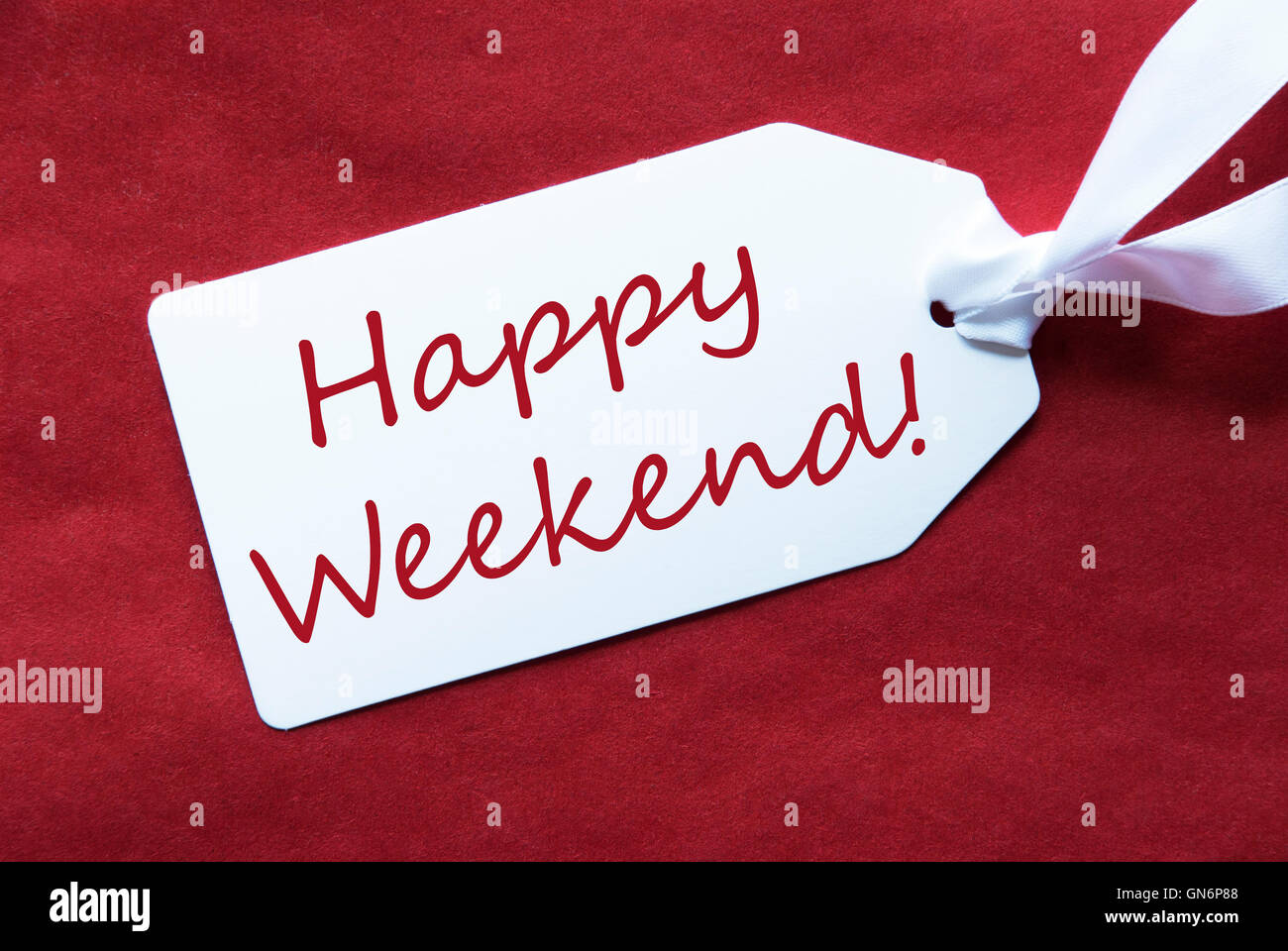 One Label On Red Background, Text Happy Weekend Stock Photo - Alamy